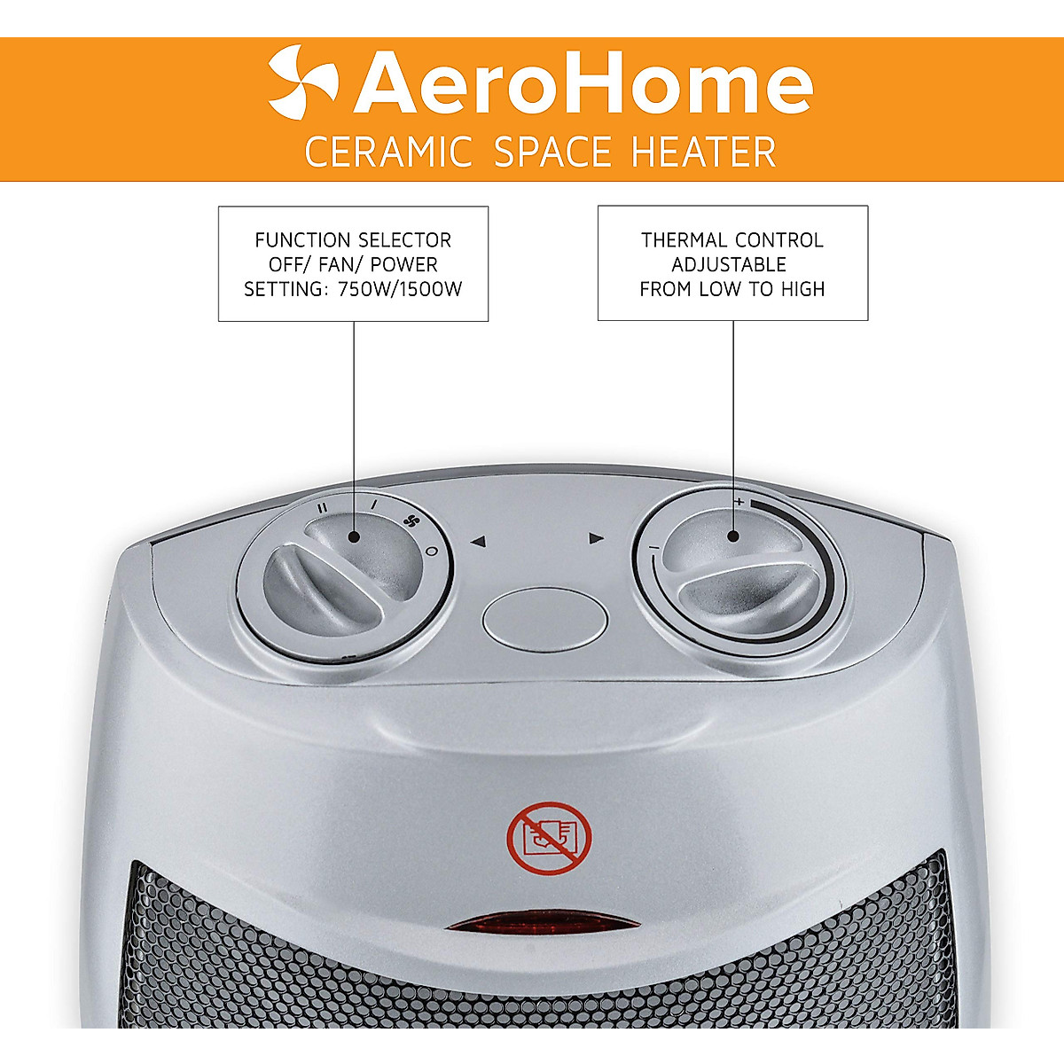 AeroHome 1500W / 750W Ceramic Portable Space Heater Indoor Electric Heater with Overheat & Tip Over Protection - Personal Room Heater with Thermostat Control for Home Bedroom and Office
