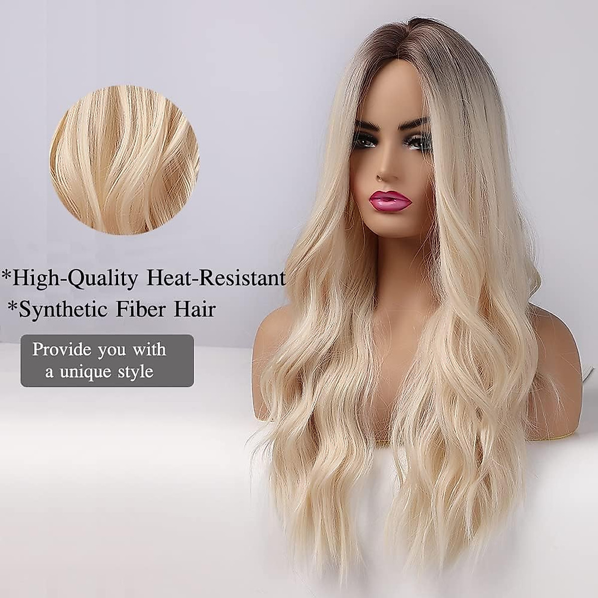 Esmee 26 Inches Long Blonde Wigs for Women Natural Synthetic Hair Ombre Blonde Wig with Dark Roots Synthetic Wig Loose Wavy Wigs Heat Resistant