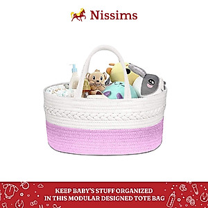 Baby Diaper Caddy Organizer Basket for Changing Table - Large Compact and Portable Woven Cotton Rope and Canvas Nursery Basket with 3 Divisions - Unisex Stylish GrayWhite - 14x8.5x7 Inches