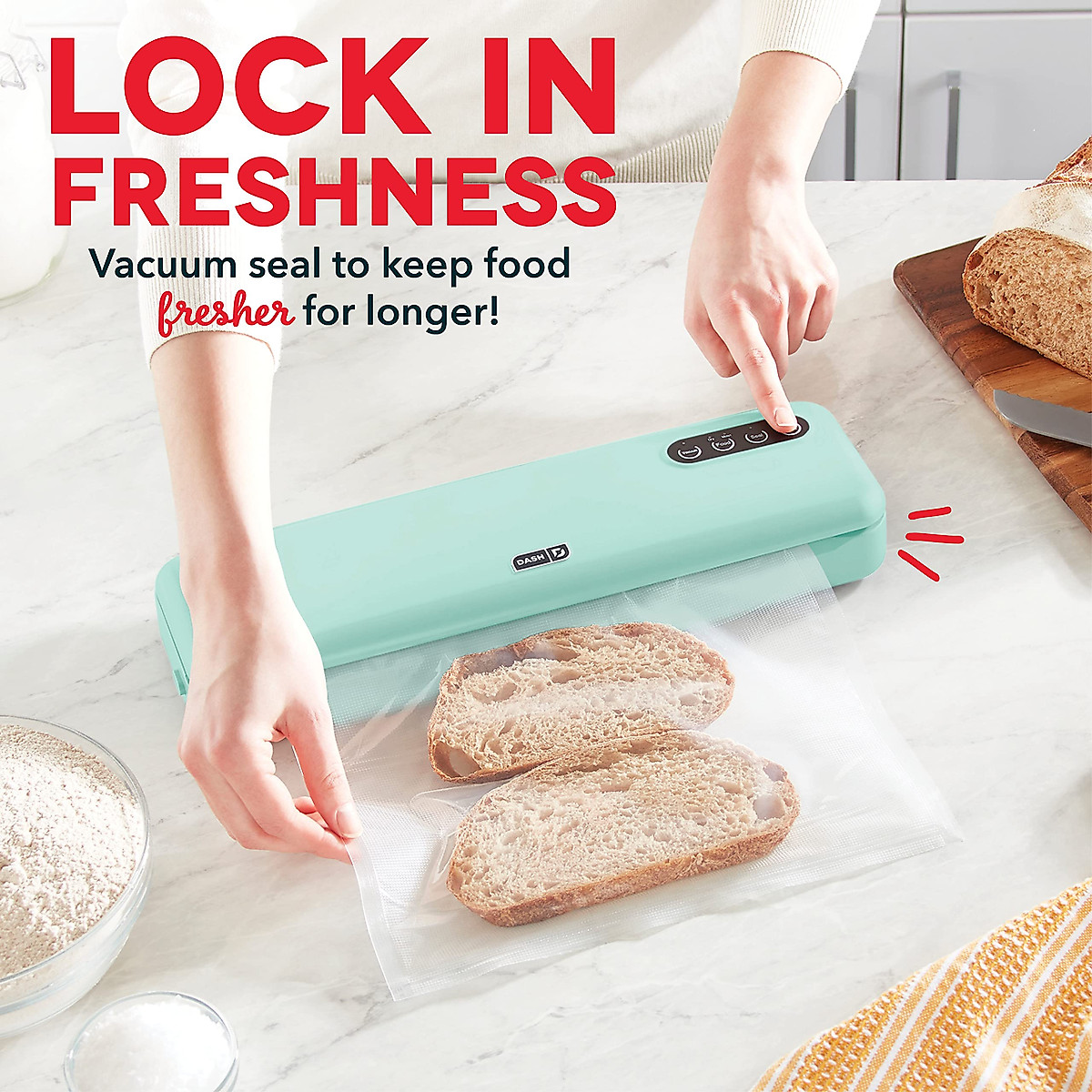 DASH SuperSeal™ Vacuum Sealer for Food Storage and Sous Vide, Perfect for Preserving Fresh Ingredients, Single Use & Reusable Bags and Cutter Included - Aqua