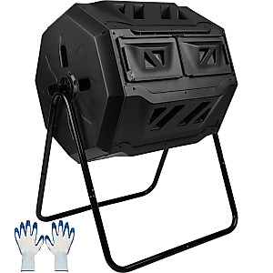 Compost Tumbler - 43Gal Compost Bin with Dual Chambers, 360-Degree Rotating Design, and Garden Gloves Included - Homesteading Supplies by Pure Garden