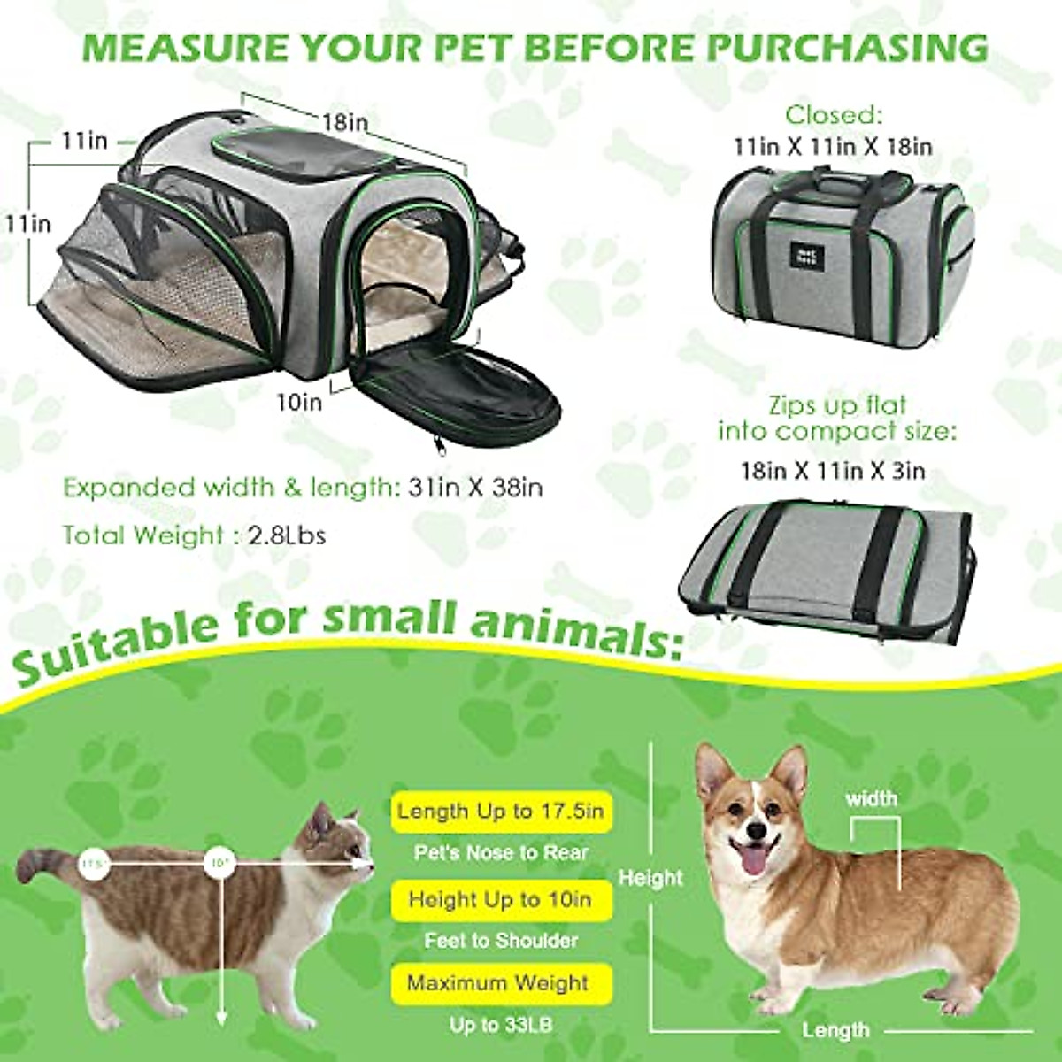 Minthouz Cat Carrier, Four-side Expandable Pet Carrier Airline Approved Dog Carrier with Safty Leash and Shoulder Strap, Collapsible Puppy Carrier with Self-lock Zipper,Removable Fleece Pad and Pocket
