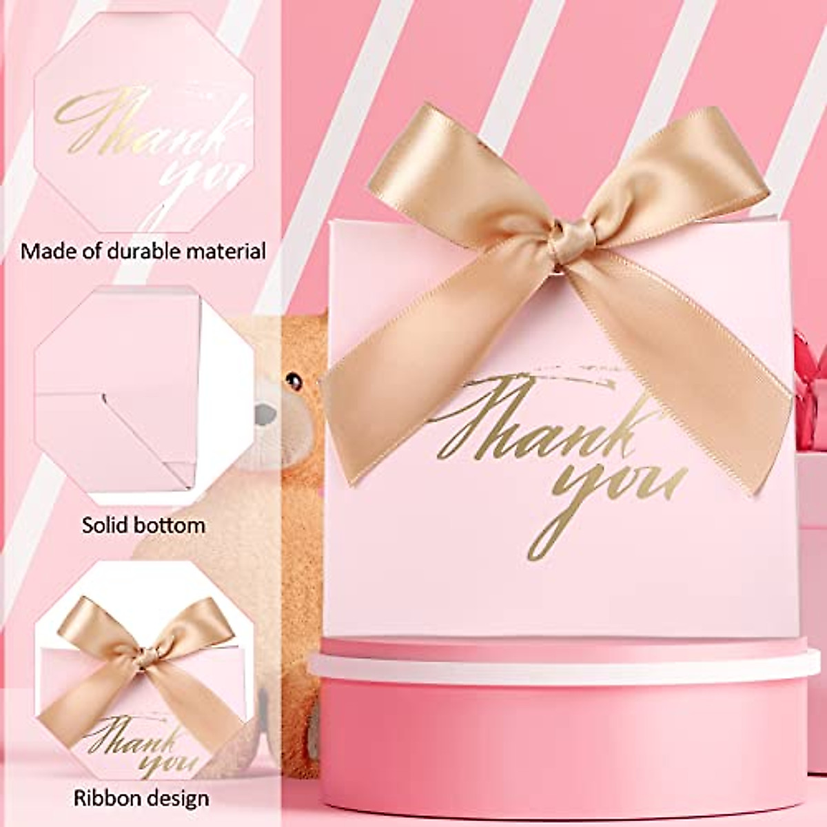 50 Pcs Small Thank You Gift Bags Mini Pink Valentine's Day Gift Bags with Bow Ribbon Paper Goodie Bags Bulk Party Favor Treat Box for Baby Bridal Shower Wedding (Pink, Gold, 4.5 x 1.8 x 4 In)