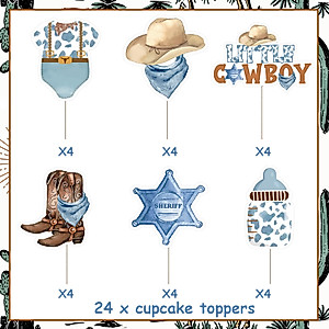 JOYMEMO 24 Pcs Little Cowboy Baby Shower Cupcake Toppers - Blue Brown Western Cowboy Baby Shower Decorations, Double Sided Wild West Baby Shower Cake Decor for Pregnancy Celebration Newborn Party