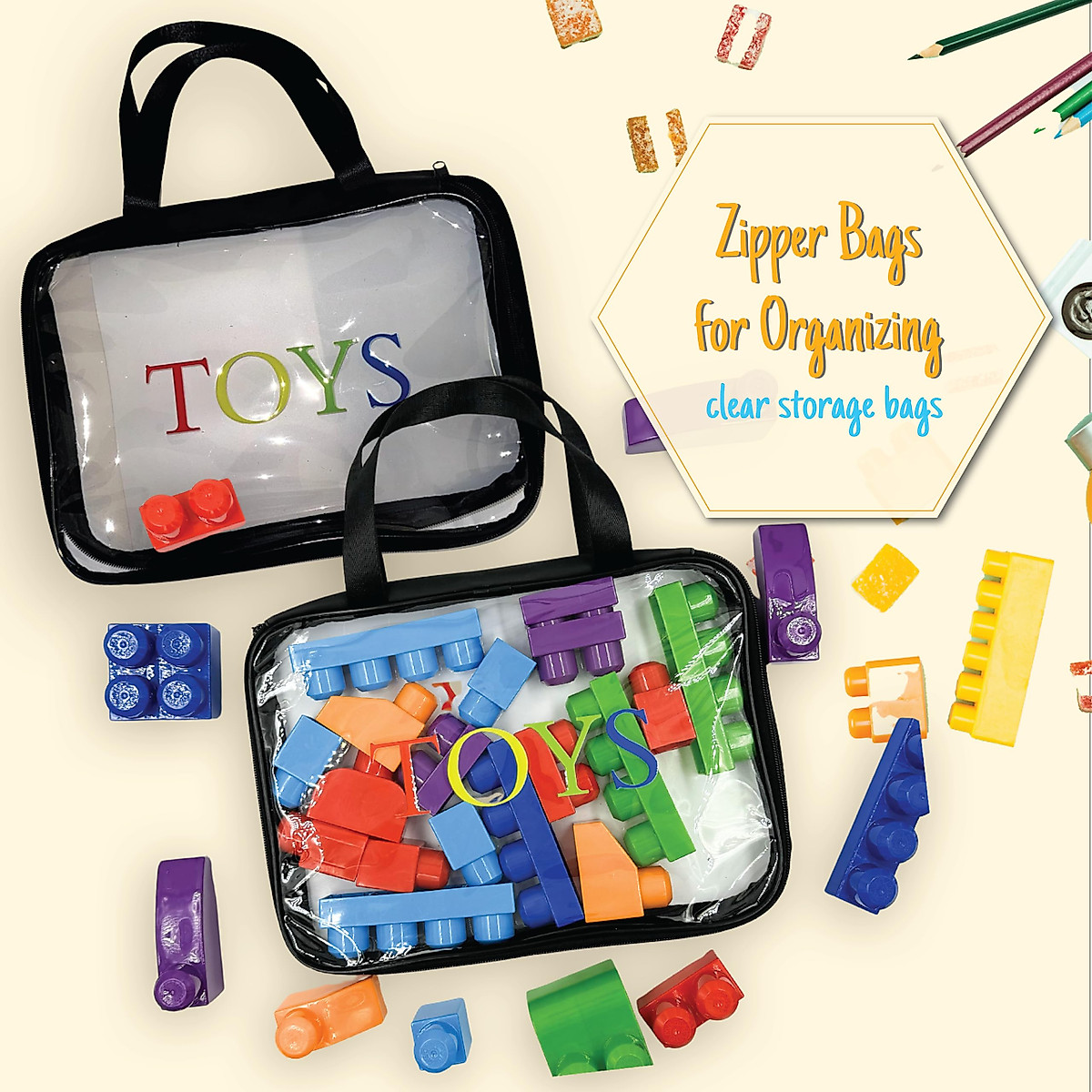 4 Packs Large Toy Storage Bags,Clear PVC Bags with Zipper,Toy Storage Organizer,Waterproof Toy Bags for Board Games, Building Blocks,Leather Material,TOYS design,(Big Size)