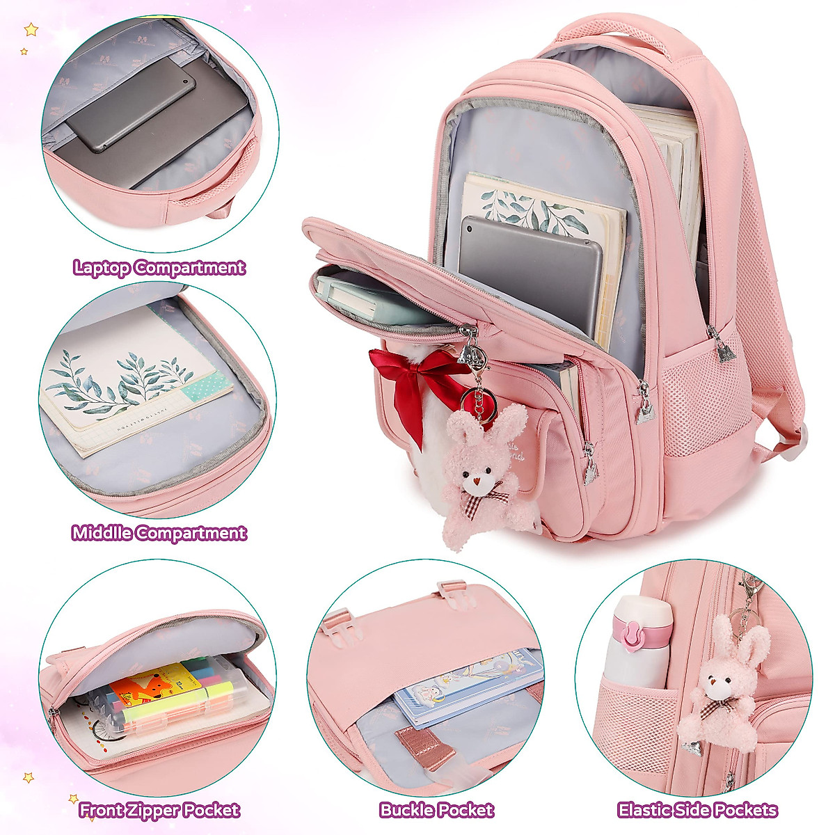 YOJOY Laptop Backpack 15.6 Inch School Bag Kids Elementary Primary Backpacks Large College Bookbags for Women Girls Teens Waterproof Travel Daypack (Pink)