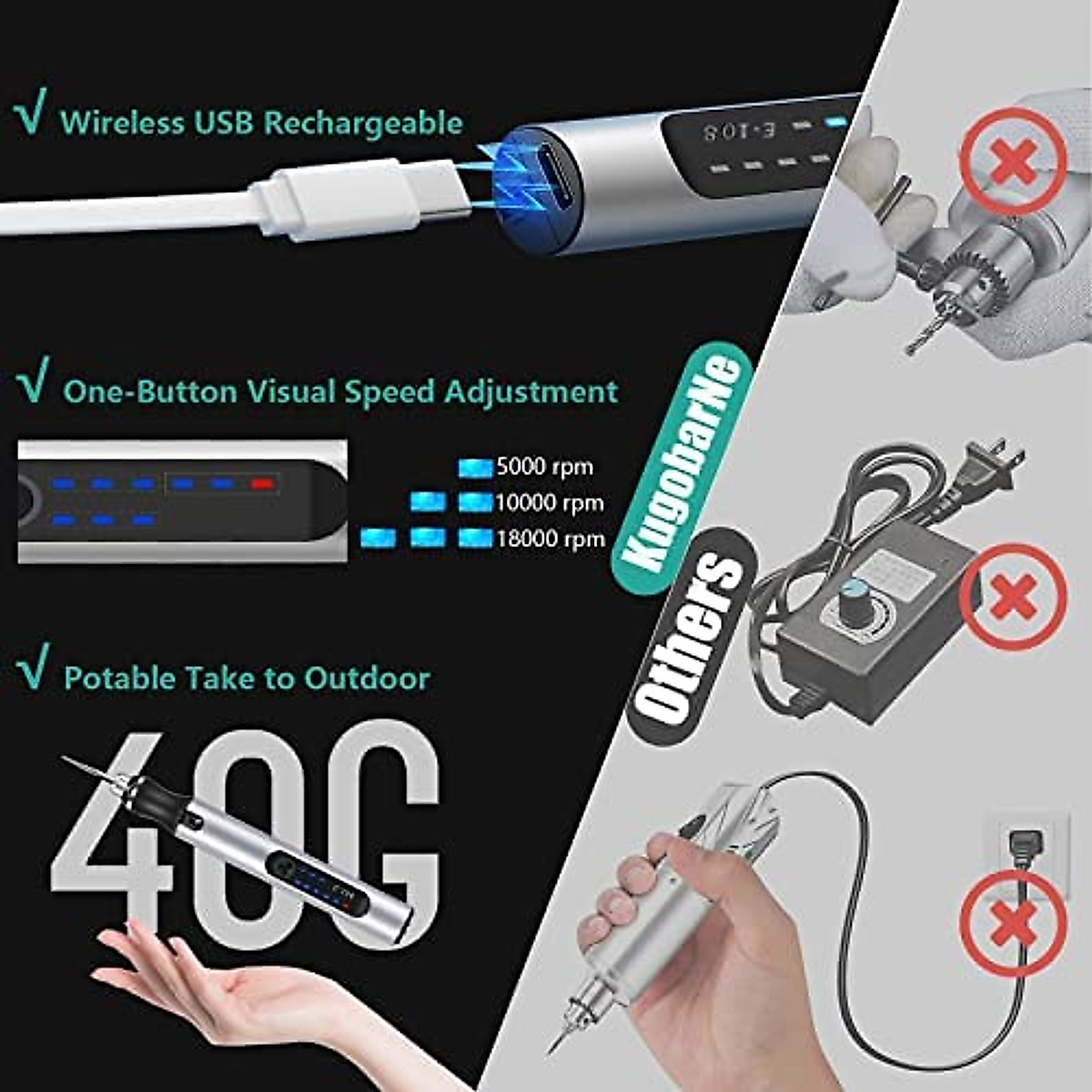 KugobarNe Engraving Pen with 33 bits, USB Rechargeable Mini Engraver Pen for All Materials, Etcher Engraver Tool, Professional DIY Engraving Pen Cordless for Jewelry Glass Wood Stone Metal