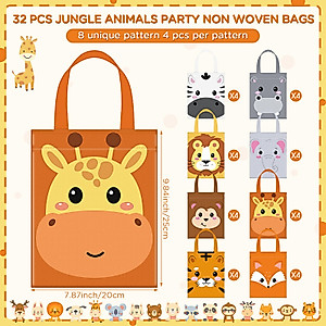 Photect 32 Pcs Safari Party Favor Bags Non Woven Jungle Animal Goodie Treat Bags with Handles Lion Tiger Elephant Monkey Giraffe Gift Bags for Kids Safari Themed Party Birthday Baby Shower Supplies