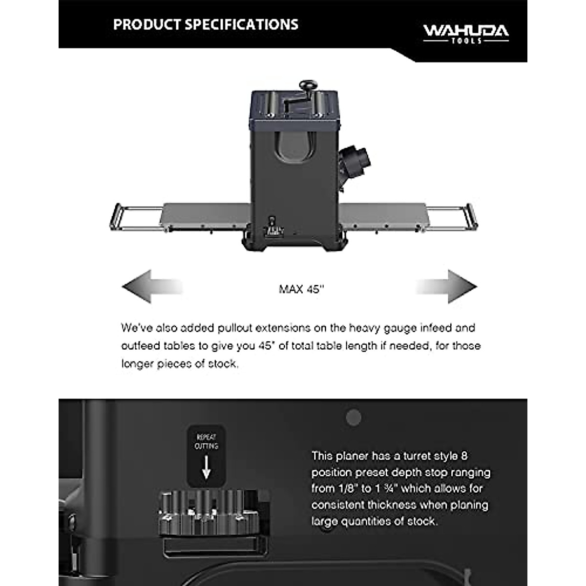Wahuda Tools 13" Spiral Cutterhead Planer with 4-sided carbide Tips (Two Speed-New)