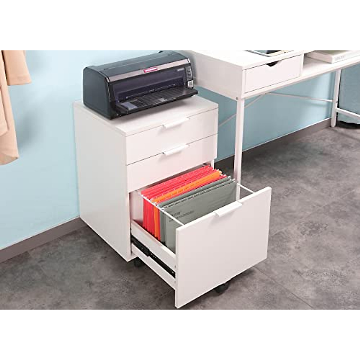 JJS 3 Drawer Rolling Wood File Cabinet with Locking Wheels, Home Office Portable Vertical Mobile Wooden Storage Filing Cabinet for Letter Size, White