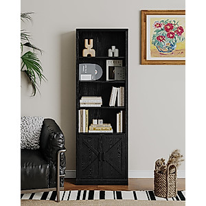 Hzuaneri 5 Tier Bookshelf Bookcase with Cabinet Doors, 70 in Tall Wooden Bookshelves, Display Storage Shelves, Floor Standing Book Shelf Furniture for Home Office, Living Room, Bedroom, Black BC20104X