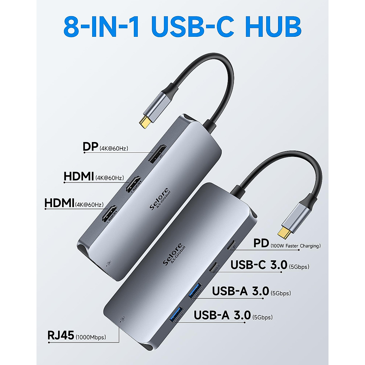 USB C Docking Station Dual Monitor, Selore Docking Station 3 Monitors Triple 4K Display with 2 HDMI, DisplayPort, 1 Gbps Ethernet, 100W PD Charging, USB 3.0 Ports Adapter for Dell, HP, Lenovo,etc