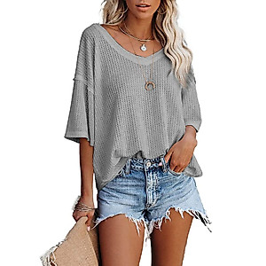 SHEWIN Oversized T Shirts for Women Summer Casual V Neck Short Sleeve Shirt 2023 Trendy Lightweight Waffle Knit Tunic Tops Loose Blouses Grey M