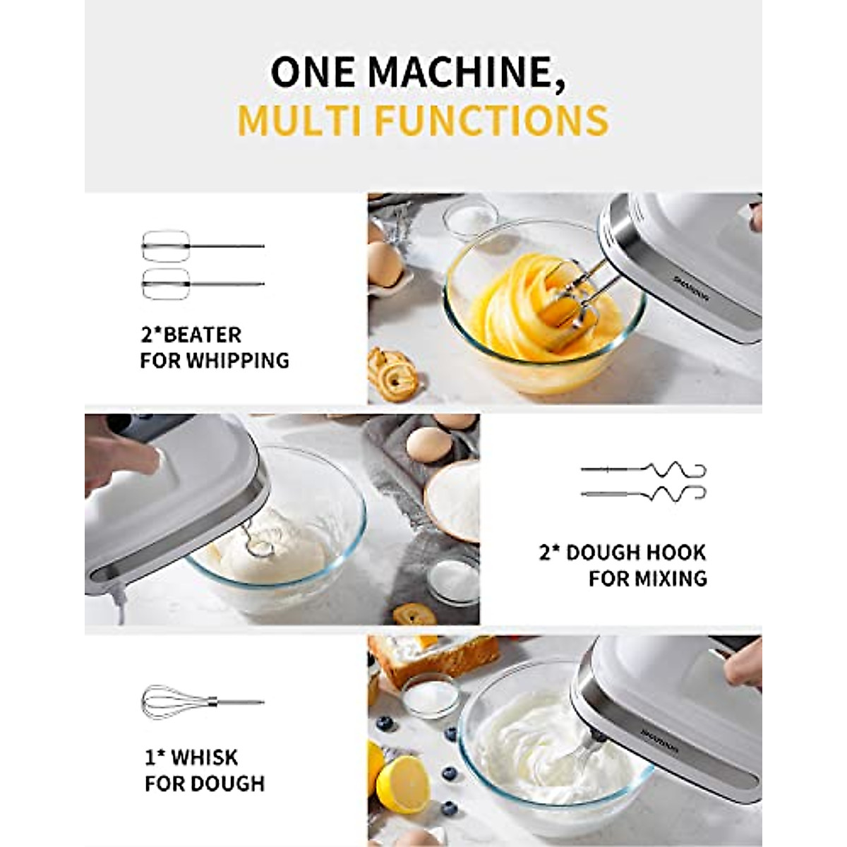 SHARDOR Electric Hand Mixer, 5 Speed & Turbo Electric Mixer with 5 Stainless Steel Accessories, Handheld Mixer for Whipping, Mixing Cookies, Brownie, Cakes, Dough Batters, Snap-On Storage Case, Silver