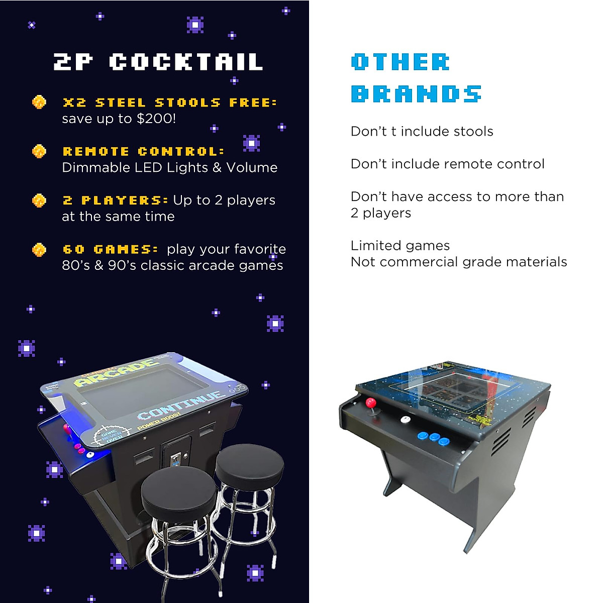 Creative Arcades Full Size Commercial Grade Cocktail Arcade Machine | 2 Player | 60 Games | 22" LCD Screen | Square Glass Top | 2 Sanwa Joysticks | 2 Stools | 3 Year Warranty