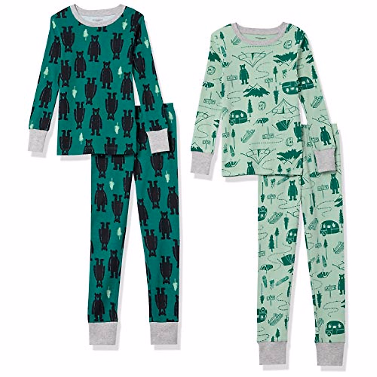 Amazon Essentials Unisex Toddlers' Snug-Fit Cotton Pajama Sleepwear Sets, 4-piece, Bottle Green Polar Bear/Mint Green Happy Camper, 4T