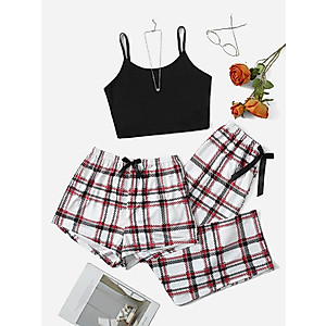 GORGLITTER Women's 3 Piece Plaid Pajamas Pants Set Cami Top with Shorts Loungewear Sleepwear Black White and Red Medium