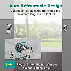 Retractable Clothesline, Coolrunner 9.5ft Retracting Clothes Line Indoor Outdoor Heavy Duty Shower Line with 10 Stainless Steel Clothespins for Wet Clothes and Quilt -Hold up to 33lbs