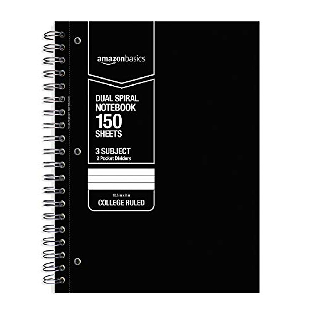 Amazon Basics College Ruled Wirebound 3-Subject 150-Sheet Notebook with Pocket Divider - Pack of 3, 10.5 x 8 Inch, Black / Red / White