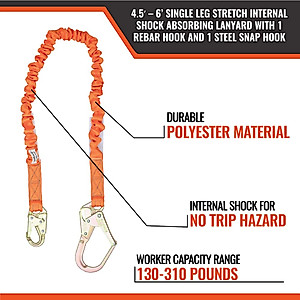 Malta Dynamics 6' Single Leg Stretch Internal Shock Absorbing Lanyard with 1 Rebar Hook and 1 Steel Snap Hook, OSHA/ANSI Compliant
