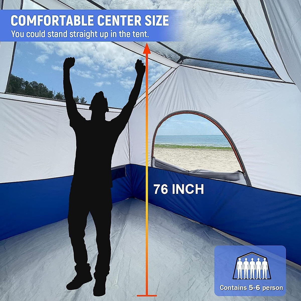 HIKERGARDEN 6 Person Camping Tent - Portable Easy Set Up Family Tent for Camp, Windproof Fabric Cabin Tent Outdoor for Hiking, Backpacking, Traveling (Blue)