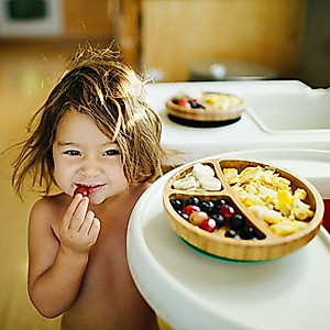 Avanchy Toddler Baby Plates Divided Bamboo, Suction for Babies Kids Toddler Food with Silicone Spoon for Feeding, Blue