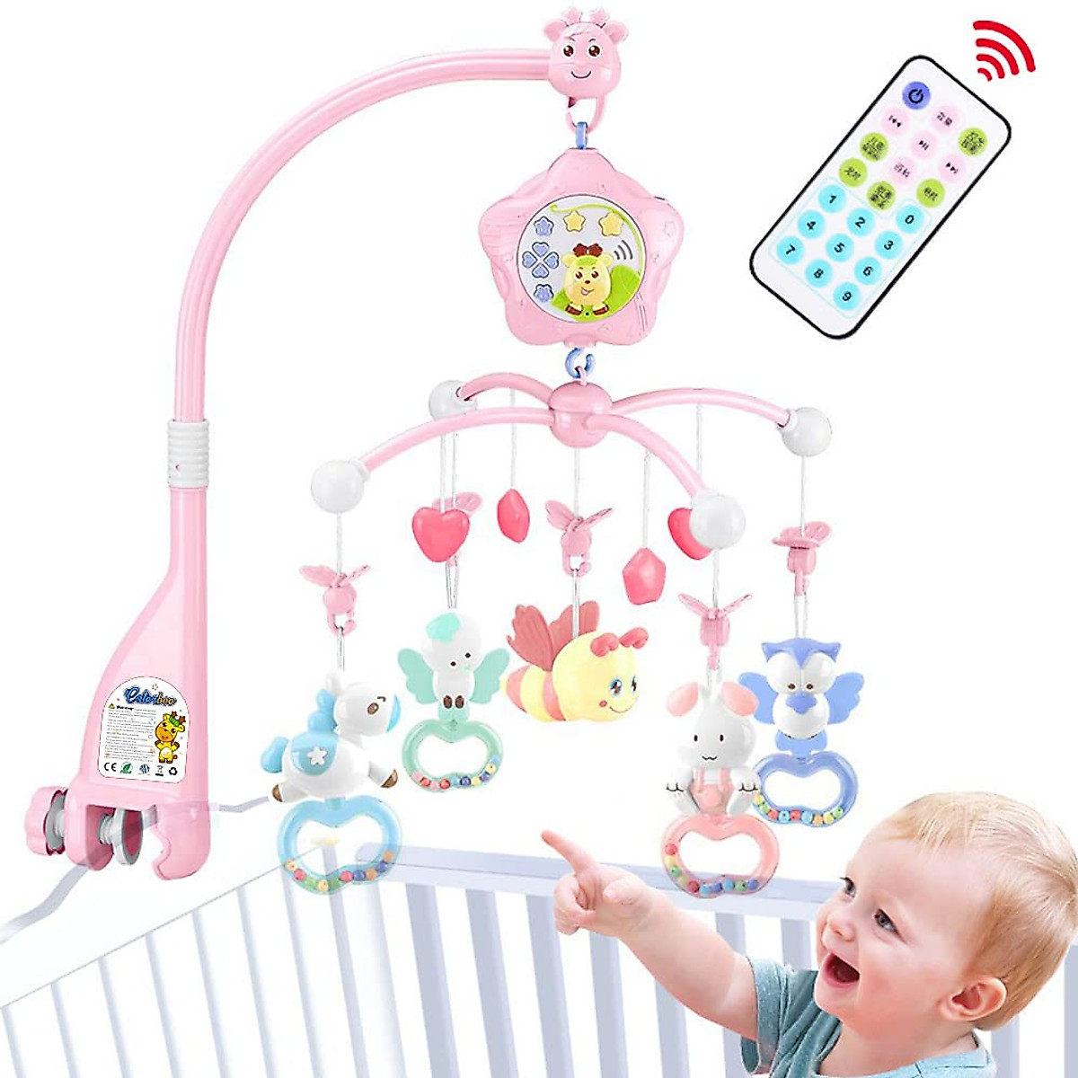 Baby Mobile for Crib with Music and Lights, Remote and Projection. Pack and Play Toys for Ages 0+ Months (Pink-Bee)