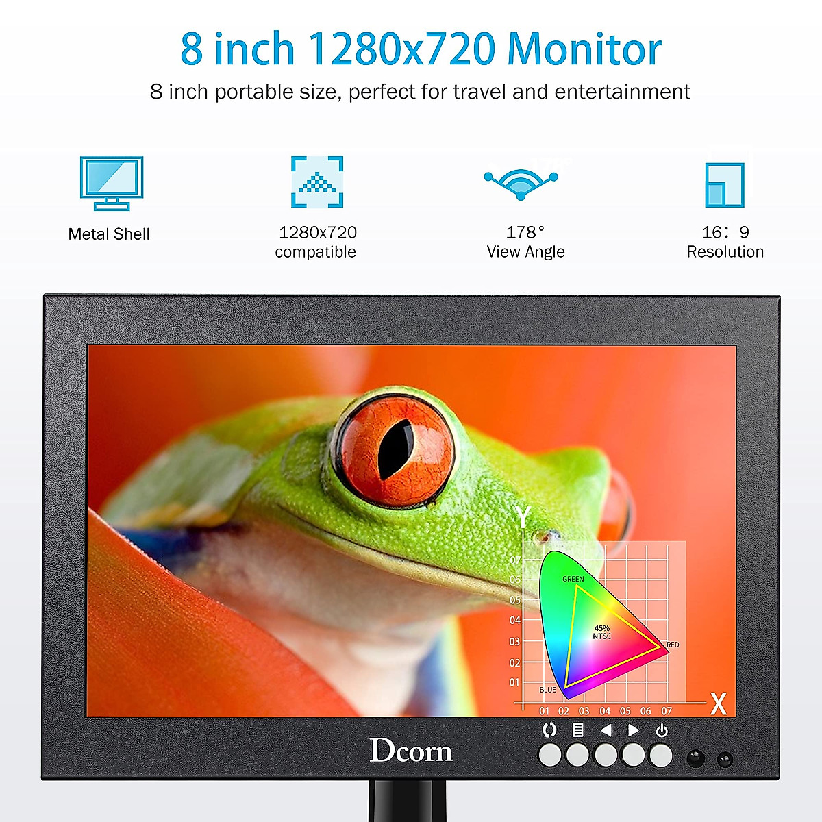Dcorn 8 inch Mini Monitor, Small HDMI Monitor 1280x720 16:9 IPS Metal Housing Screen Support HDMI/VGA/AV/BNC Input with Wall Bracket&Remote Control,178 Full Viewing w/Speaker