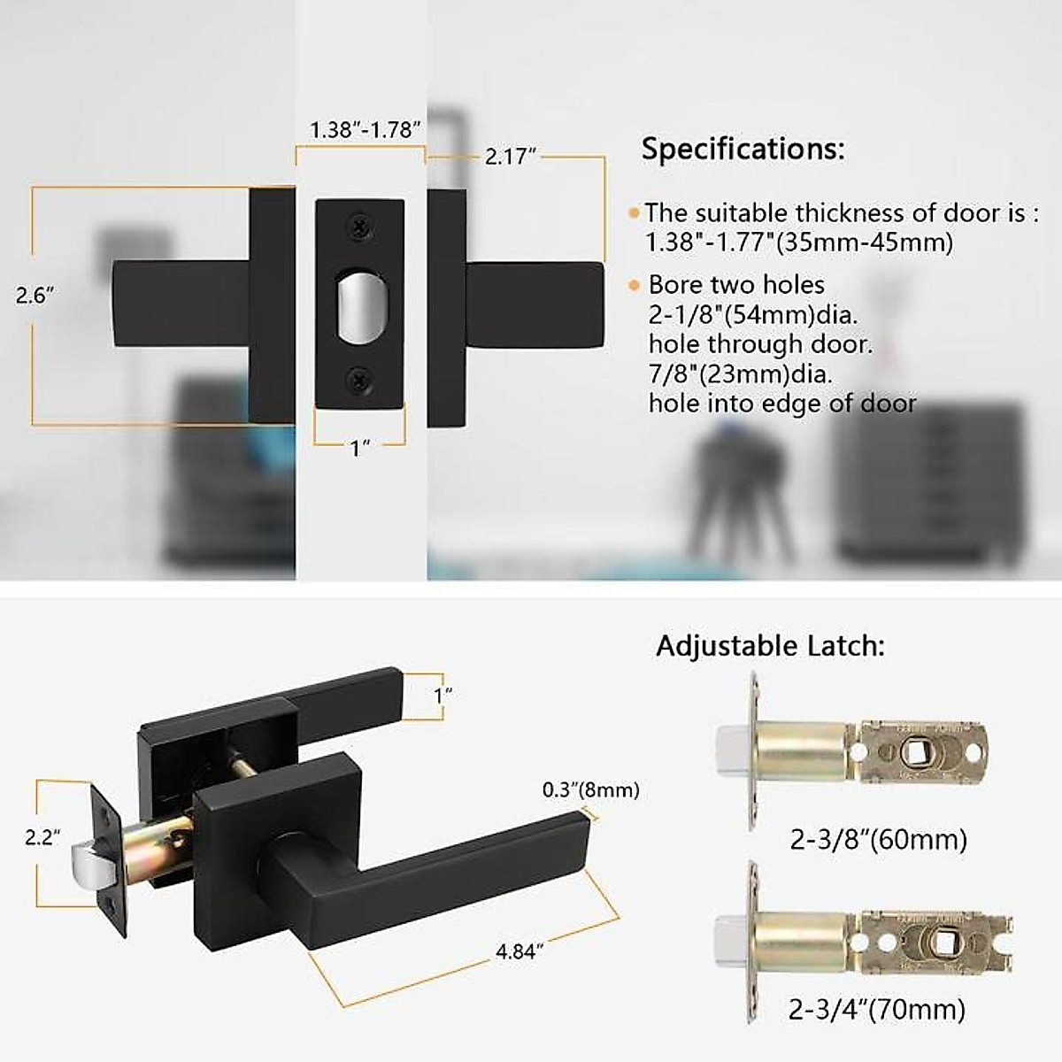 Probrico 6 Pack| Matte Black Passage Levers for Hall and Closet, Square Heavy Duty Interior Keyless Door Handles, Reversible for Left Right Sided Doors