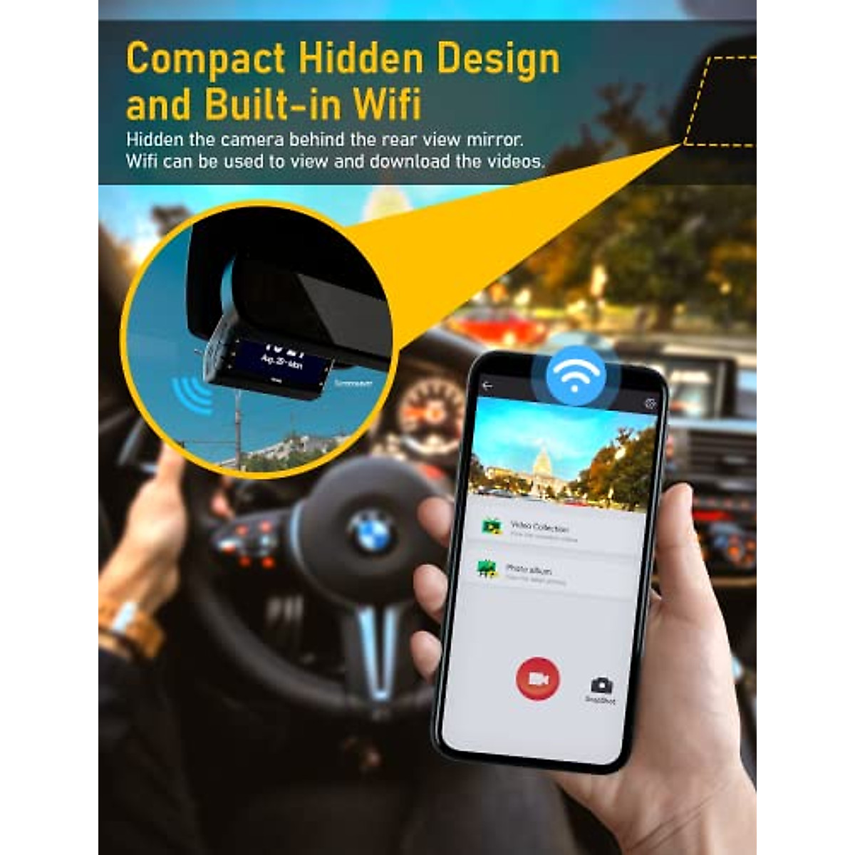 FocuWay Car Dash Cam 4K Car Camera Small WiFi Front Dash Cam with App, Aluminum Alloy Super Thermal Conduction Dashcam with Rotatable Lens, WDR Night Vision, Loop Recording, G-Sensor, Parking Monitor