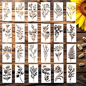 LLOUSSAK 24Pcs Wildflower Stencils for Painting, Leaf Stencils for Flower Leaf Crafts, Herb Plant Painting Stencils for Art Wood Wall Door Canvas Home Decor(5.9" x 2.95")