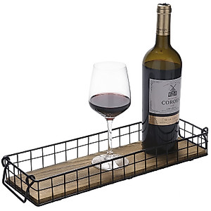 MyGift Tabletop Rustic Burnt Brown Wood Rectangular Serving Display Basket Style Tray with Vintage Metal Wire Frame and Handles