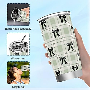 Green Plaid Black Butterfly Stainless Steel travel cups Leak-proof Lid and Straw travel coffee mug spill proof for Water, Iced Tea or Coffee safe umbler 20 OZ