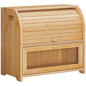 HOOBRO Bread Box, Bamboo Bread Box for Kitchen Countertop, 2 Tier Roll-Top Bread Bin, Food Storage Box, Large Capacity Keeper, Wooden Storage Cabinet, for Kitchen, Dining Room, Natural YL13MB01