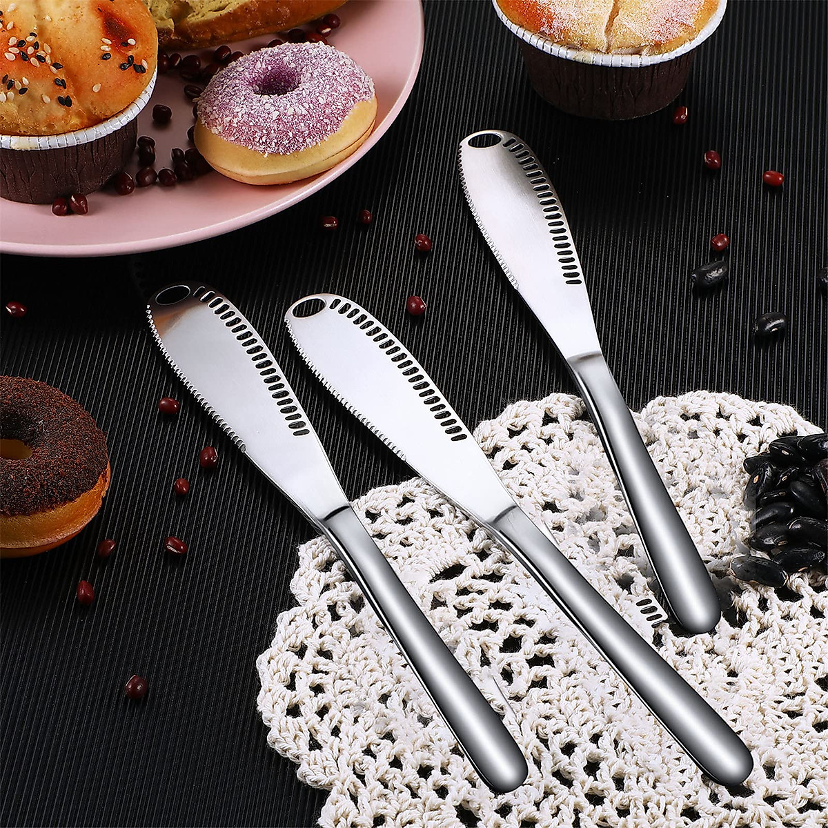 3 Pack Stainless Steel Butter Spreader Knife, 3 in 1 Kitchen Gadgets, Curler, Butter Grater, Multi-Function Butter Spreader and Grater with Serrated Edge, Shredding Vegetables Fruits