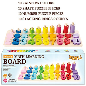TOYLI Educational Math Learning Board and Puzzle Wooden 4 in 1, Wooden Stacking Toy
