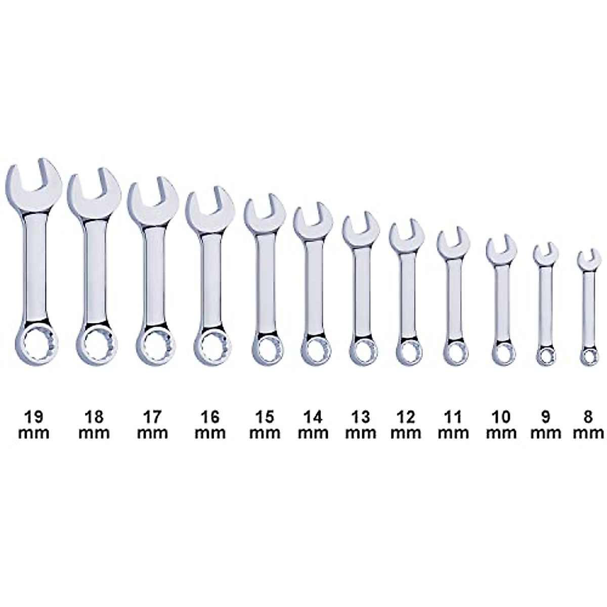 Premium Stubby Combination Wrench Set with Roll-up Pouch, 12-Piece, Metric, 8mm to 19mm, No Skipped Size | Cr-V Steel, Mirror Polished Finish | Short Length and Slim Body, Perfect for Confined Areas