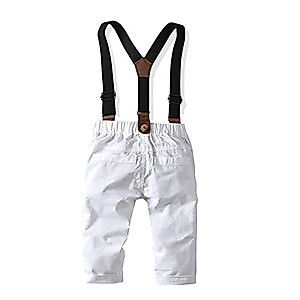 Baby Boys Gentleman Pants Clothing Set Long Sleeves Stripe Shirt+Suspender Pants+Bow Tie Toddler 4Pcs Set (Pink, 4-5T/110)