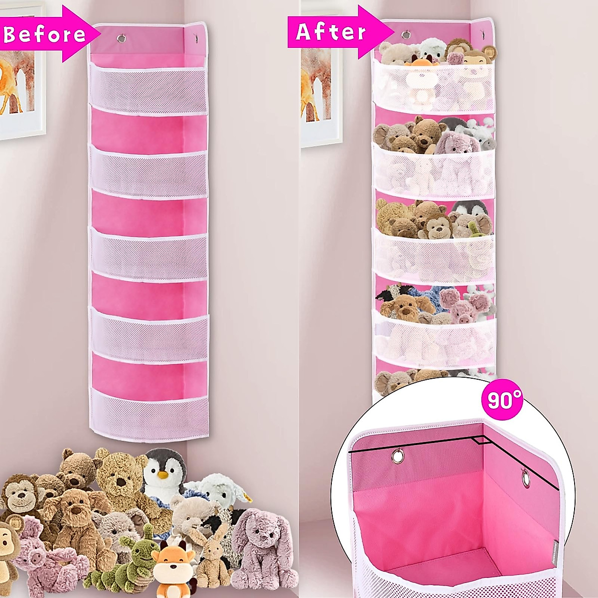 Ofiray-home Soft Corner Shelf 5 Tiers | Safe Hanging Organizer | Child-Friendly Wall Mount Storage | for Sundries, Toys, Stuffed Animals, Diapers | for Pantry Closet Bedroom Nursery Organization Pink
