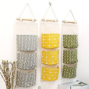 3Pcs Wall Hanging Storage Bag, Creatiee Waterproof Over The Door Closet Organizer Linen Farbric Hanging Pocket Organizer with 3 Remote-Sized Width Pockets for Bedroom