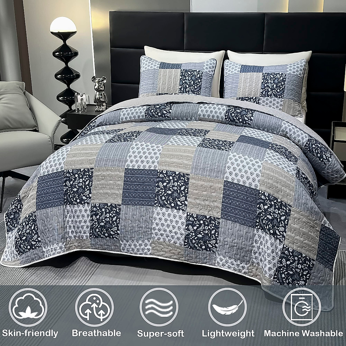 VIVILINEN Queen Size Quilt Set Grey Patchwork Floral Plaid Reversible Quilted Bedspread Coverlet 3-Piece Lightweight Comforter Stitched Bedding Set Bed Sheet Set Cover Blanket with 2 Pillow Shams