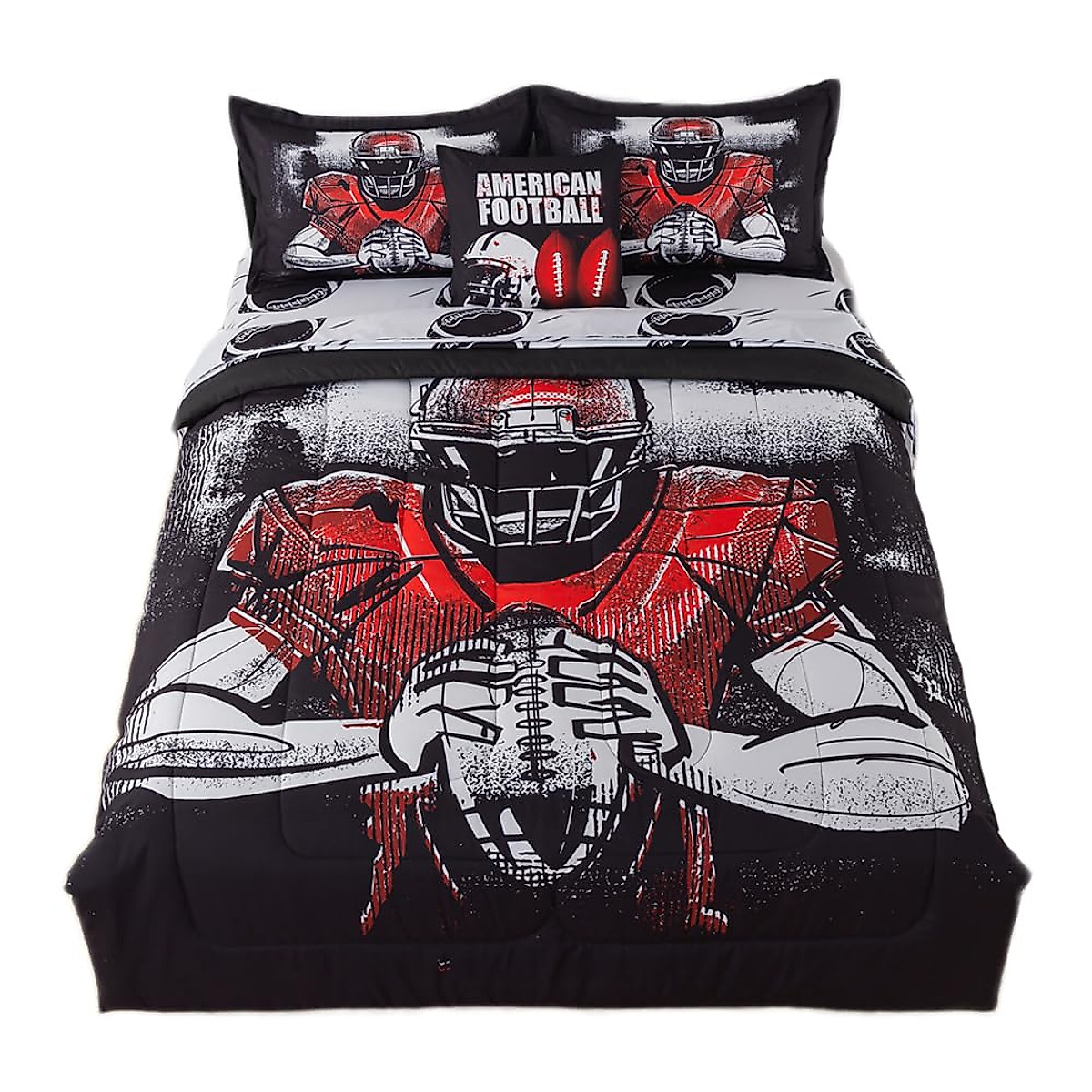 qjmiaofang Football Comforter Set 6Pieces Boys American Football Bedding Set Twin Size for Kids Teens Sports Themed Bed in A Bag American Football Player Bedding Set with Black Football Sheet for Home