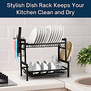 Flexzion 2 Tier Dish Drying Rack Drainboard Set, Kitchen Drying Rack Dish Drainer with Utensil Holder, Cup Hanger, Tray Plate Rack for Kitchen Countertop, Organizer, Storage Accessories, Black