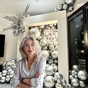 Disco Ball decorations 124Pcs Silver balloon Garland Metallic Silver Confetti balloon arch kit Chrome silver balloon for Disco party 50th 60th Birthday Graduation Galaxy Alien Party