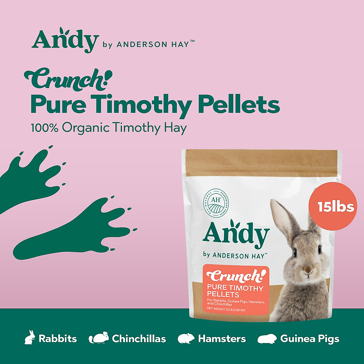 Andy Timothy Hay Pellets, Crunch! Pure Organic Rabbit Food, 15 lb Bag, Premium Guinea Pig and Chinchilla Hay, Balanced Nutrition for Rabbits, Chinchillas, and Guinea Pigs