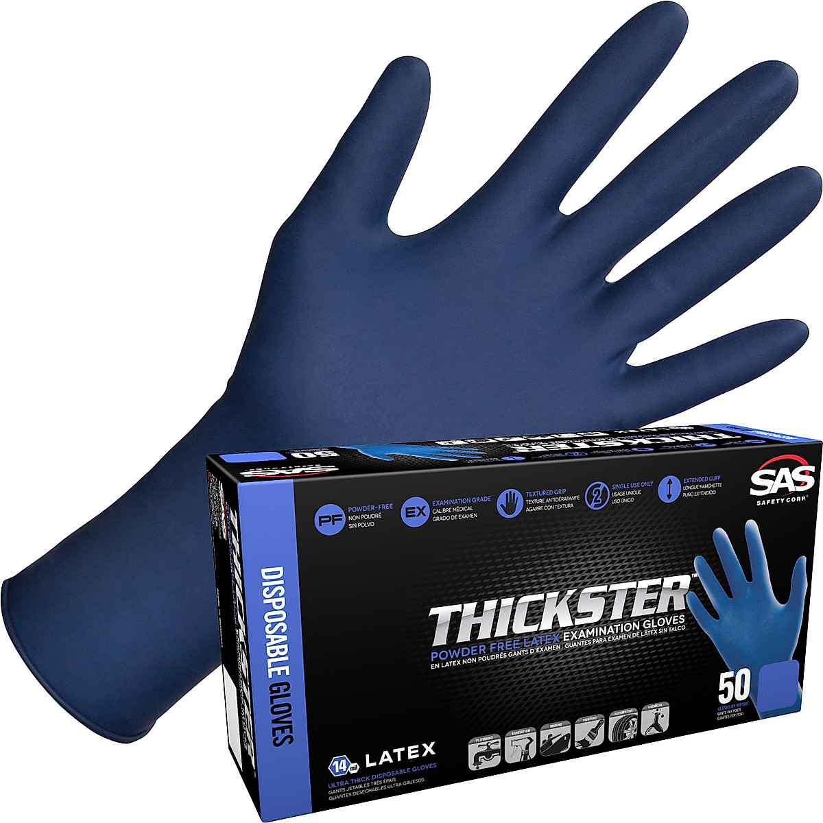 SAS Safety 6603-20 Thickster Powder-Free Exam Grade Disposable Latex 14 Mil Gloves, Large, 50 Gloves