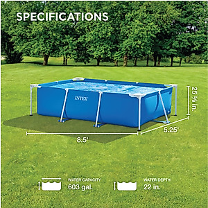 Intex 8.5ft x 26in Rectangular Frame above Ground Quick Easy Set Up Backyard Outdoor Swimming Pool with Drain Plug for Ages 6 and Up, Blue