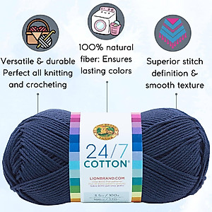 Lion Brand 24/7 Cotton Navy 761-110 (3-Skeins - Same Dye Lot) Worsted Medium #4 Cotton Yarn for Crocheting and Knitting with Project Bag