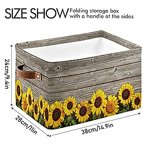 STAYTOP Large Storage Basket Autumn Sunflowers On Wooden Board Collapsible Toy Storage Bins Waterproof Laundry Basket with Handle,Used for Home Closets, Offices, Bedrooms 1PCS