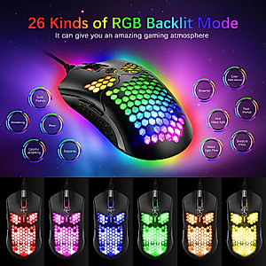 Gaming Keyboard and Mouse,3 in 1 Gaming Set,Rainbow LED Backlit Wired Gaming Keyboard,RGB Backlit 12000 DPI Lightweight Gaming Mouse with Honeycomb Shell,Large Mouse Pad for PC Game(Black)